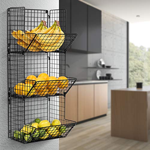 Sorbus Hanging Fruit Basket Wall Mounted Foldable Organizer for Kitchen Storage, Great for Produce Fruits and Vegetables & Potato's (Black)