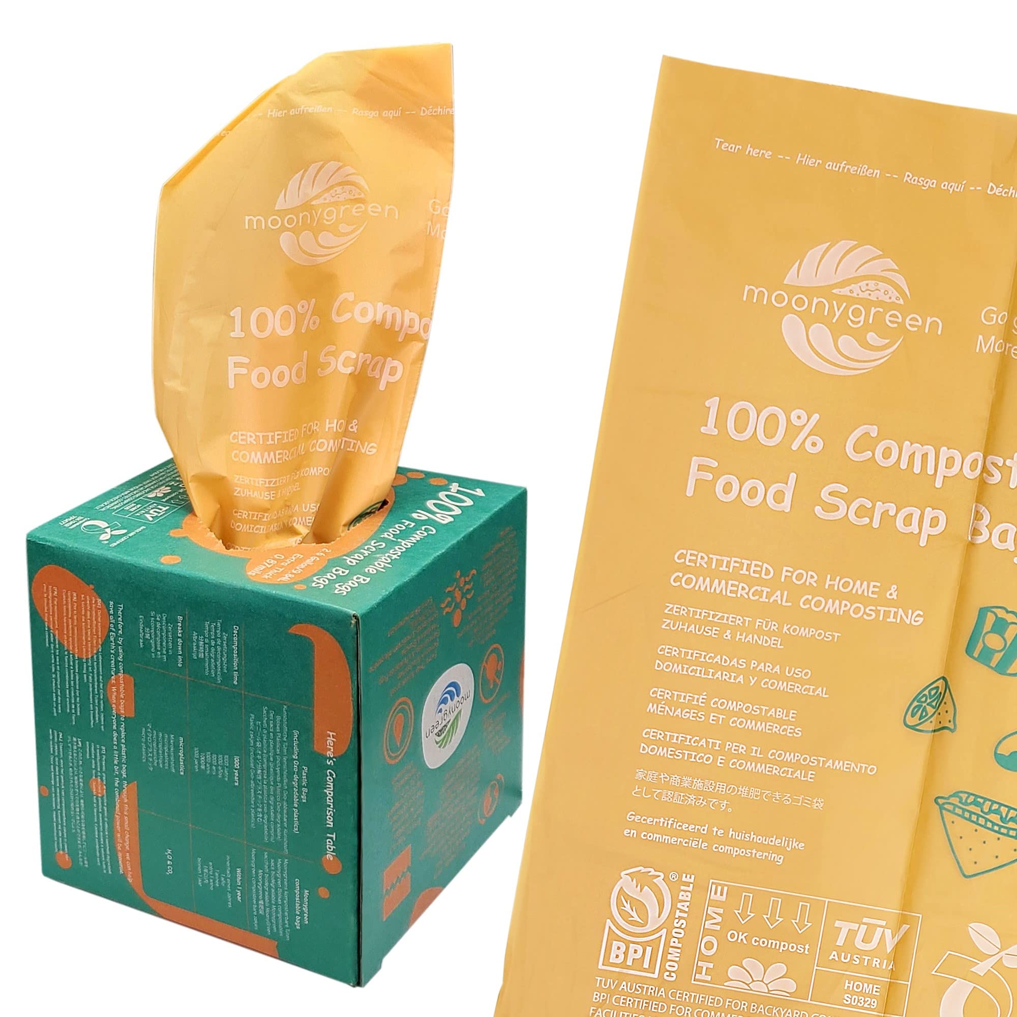 Moonygreen Compost Bags Small Trash Bags 2.6 Gallon, Extra Thick, US BPI ASTM D6400 Certified Compostable Food Scrap Kitchen Waste Bags, 100 Count