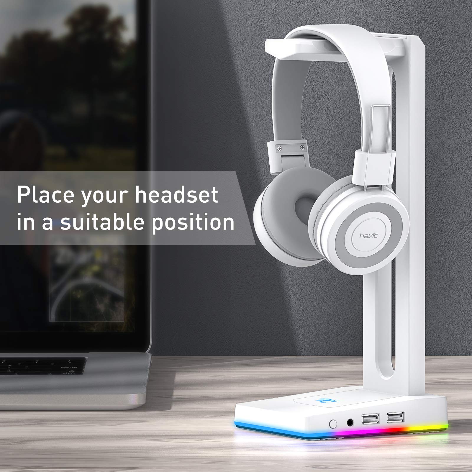 havit RGB Headphones Stand with 3.5mm AUX and 2 USB Ports, Headphone Holder for Gamers Gaming PC Accessories Desk (White)