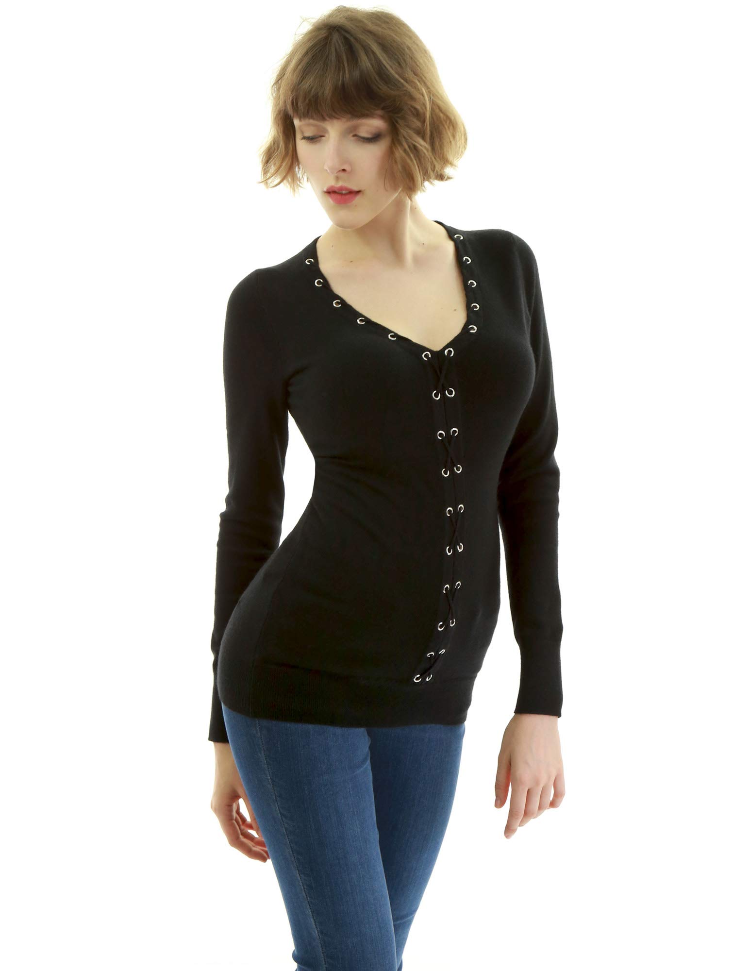 AmélieBoutik Women V Neck Eyelet Trim Long Sleeve Sweater (Black Medium)