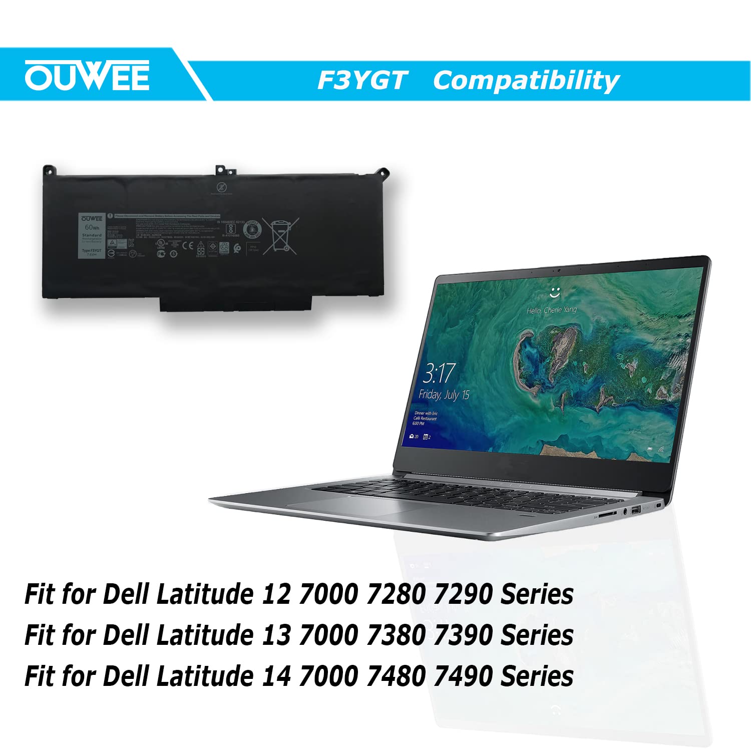 OUWEE F3YGT Laptop Battery Compatible with Dell Latitude 12 7000 7280 7290 13 7380 7390 14 7480 7490 E7280 E7480 E7290 E7380 E7390 E7490 Series DM3WC 0DM3WC 2X39G 7.6V 60Wh 7500mAh