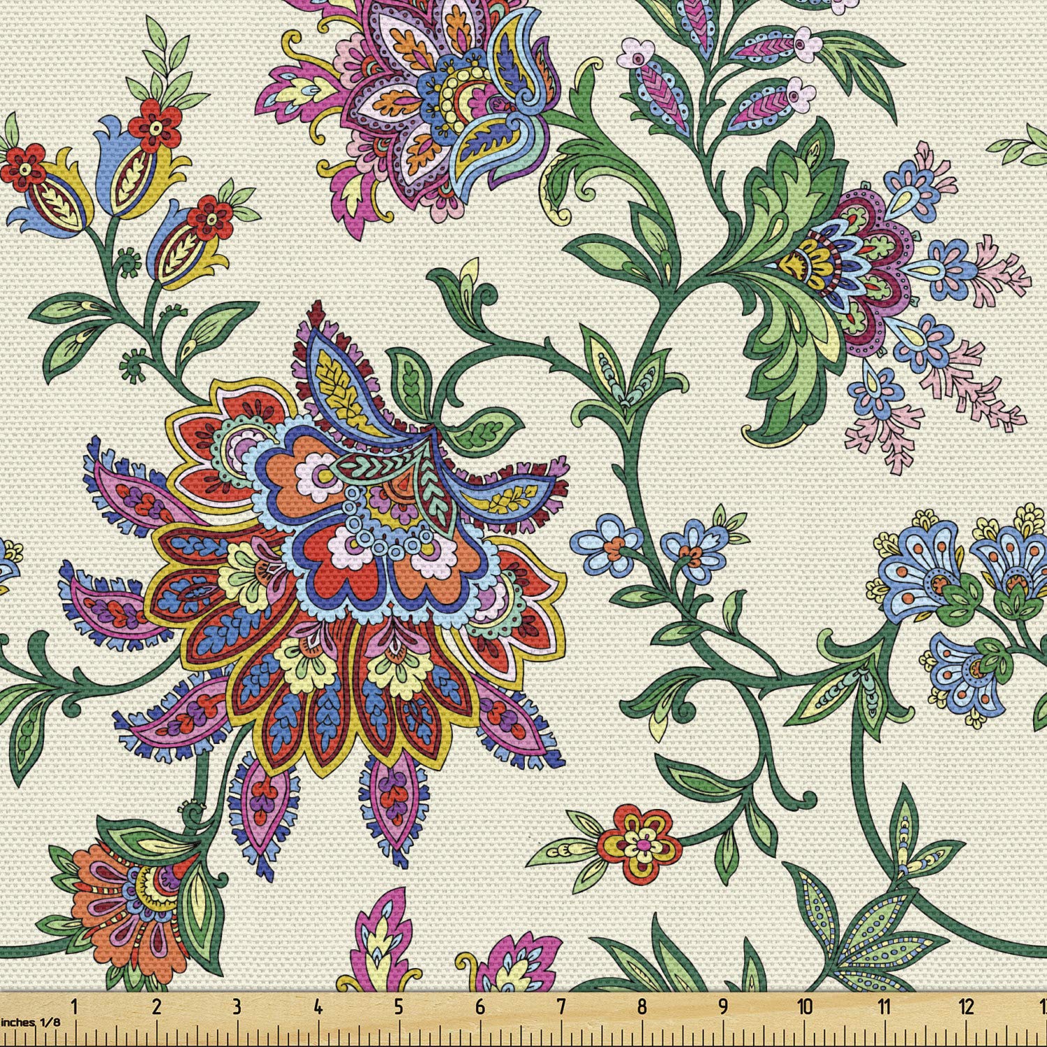 Ambesonne Bohemian Fabric by The Yard, Retro Colorful Flowers Pattern Exquisite Blooms Boho Vintage Floral Art, Decorative Fabric for Upholstery and Home Accents, 1 Yard, Green Cream