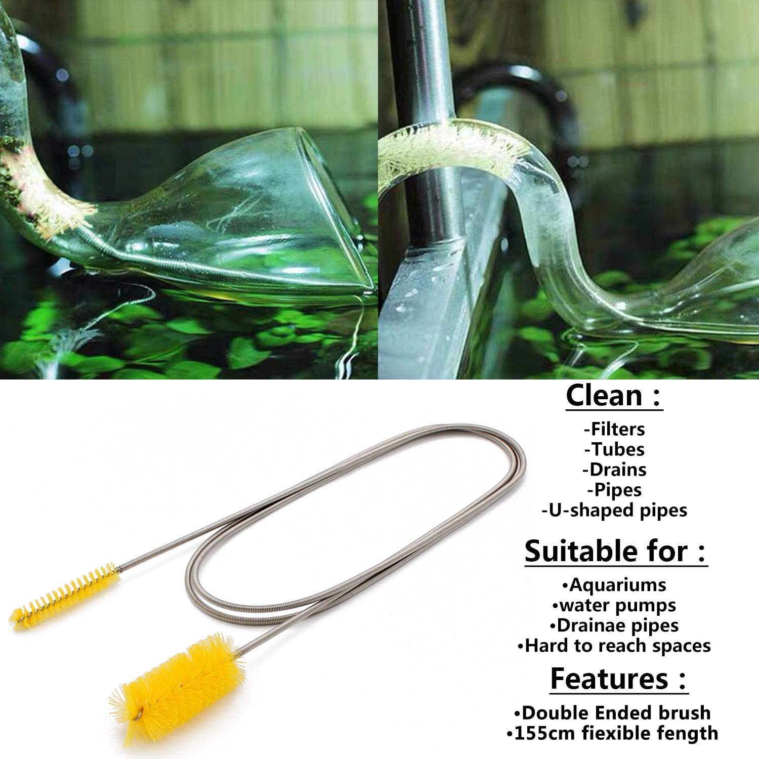 Flexible Drain Brush,Nylon Cleaner Double Ended Elastic Hose Pipe 67-inch and 2 PCS 8.2-inch Straw Cleaning Brush (Yellow)