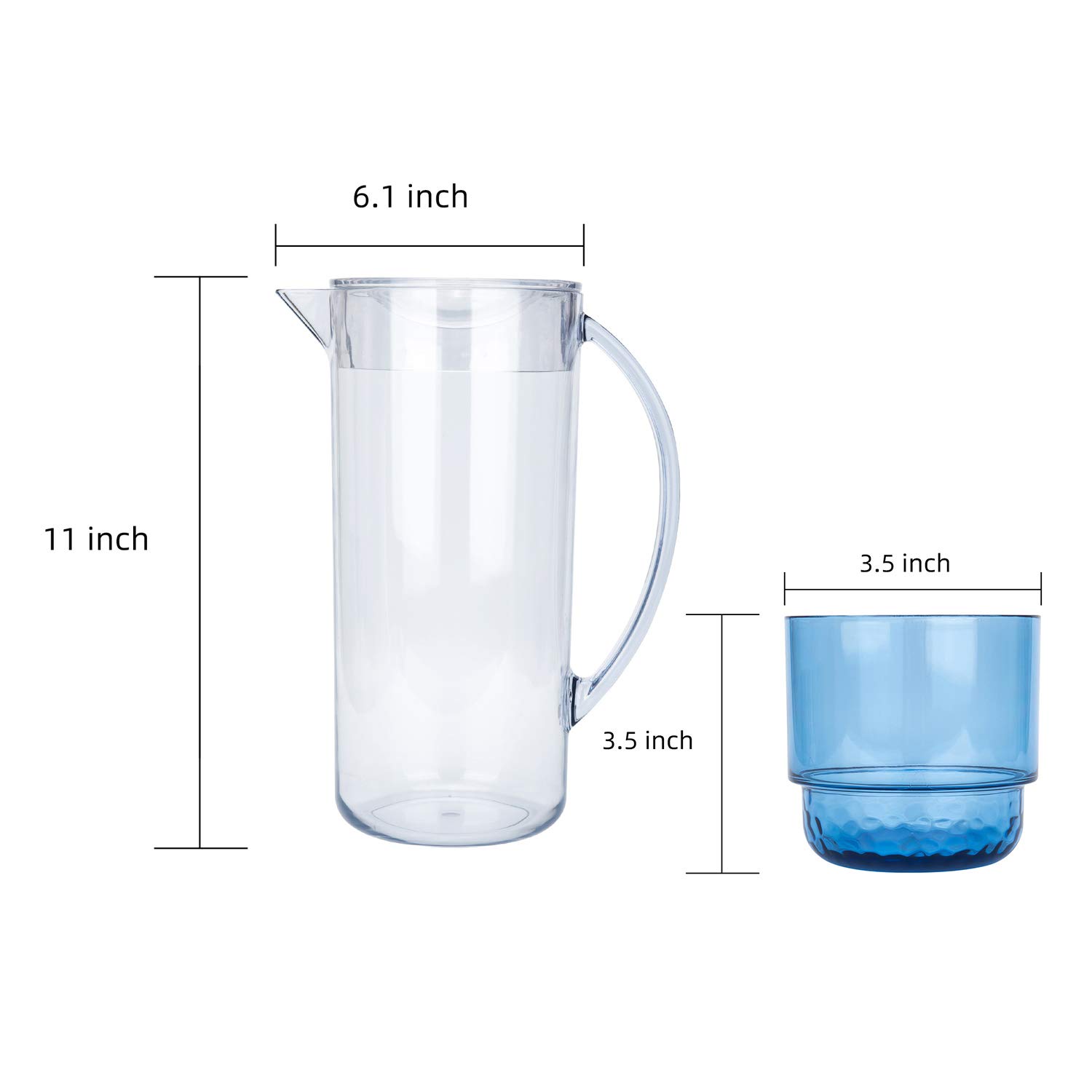 Unbreakable Stackable Plastic 3 QT Clear Pitcher and 4 Blue Tumbler Glasses Drinkware Set (Perfect for Iced Tea, Sangria, Lemonade) Dishwasher safe - top rack only