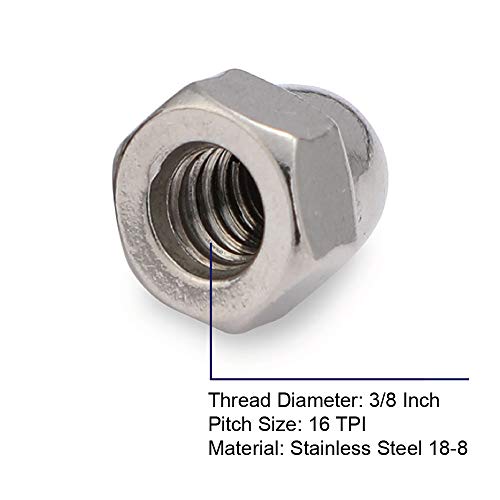 3/8-16 Acorn Cap Nuts, Stainless Steel 18-8 (304), Plain Finish, 10 PCS