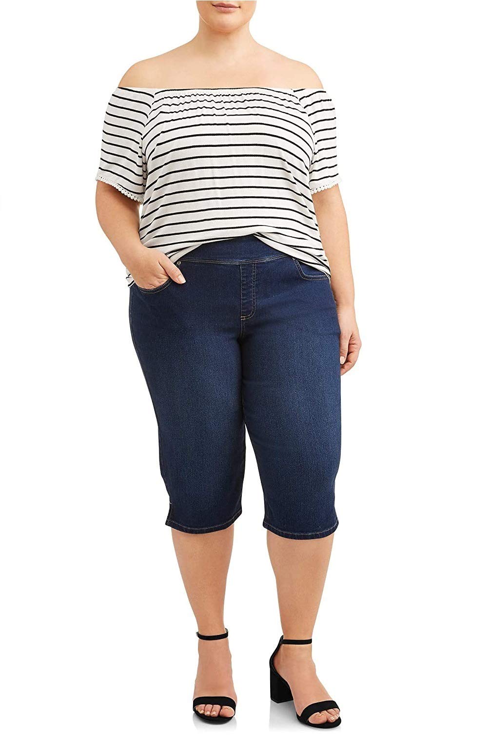 1826 Jeans Jack David Women's Plus Size Cuff Rolled Capri Bermuda Short Curvy Denim Jean (1X, Level Eight Pull On Dark Blue Capri)