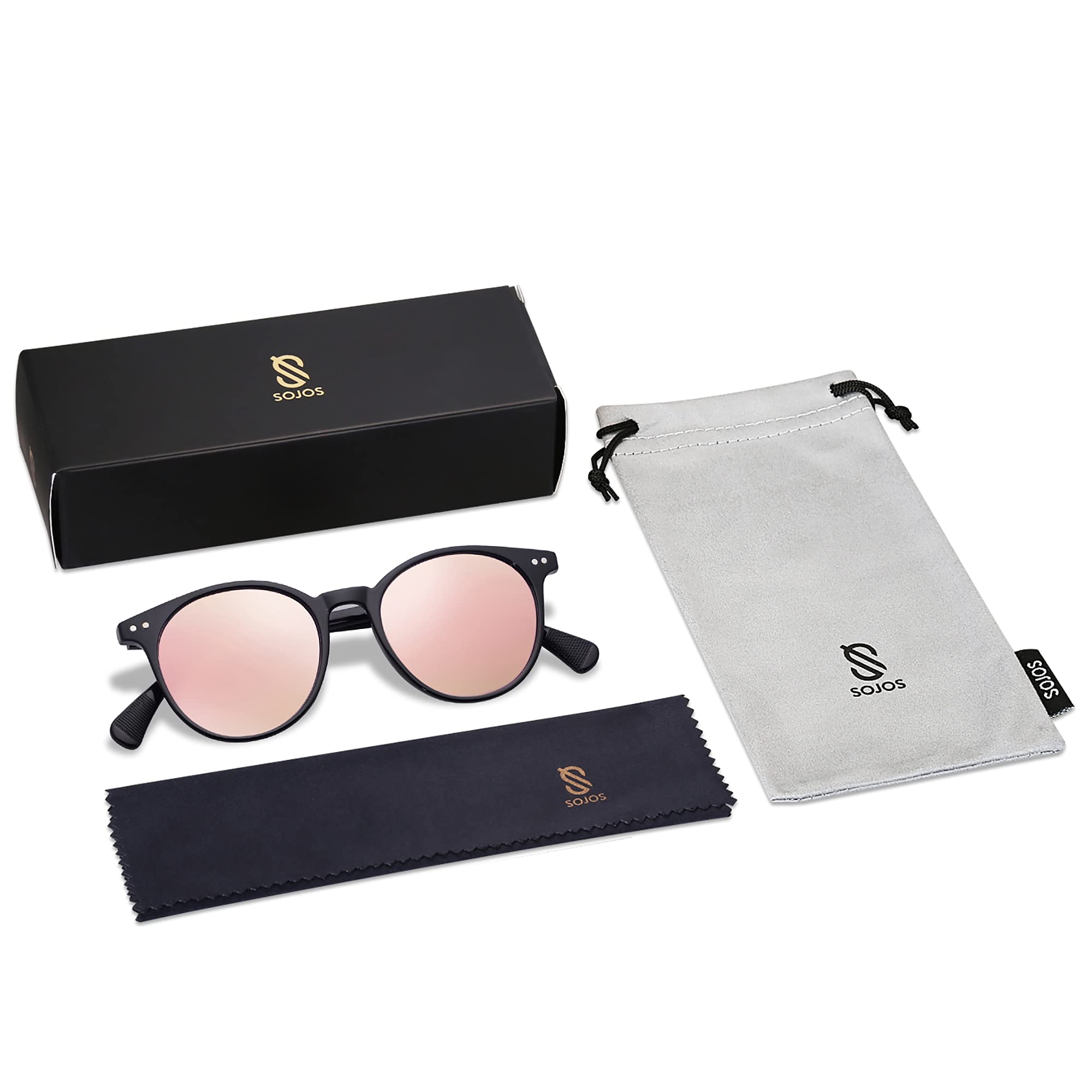 SOJOS Small Round Classic Polarized Sunglasses for Women Men Vintage Style UV400 Lens SJ2113, Black/Rose Gold