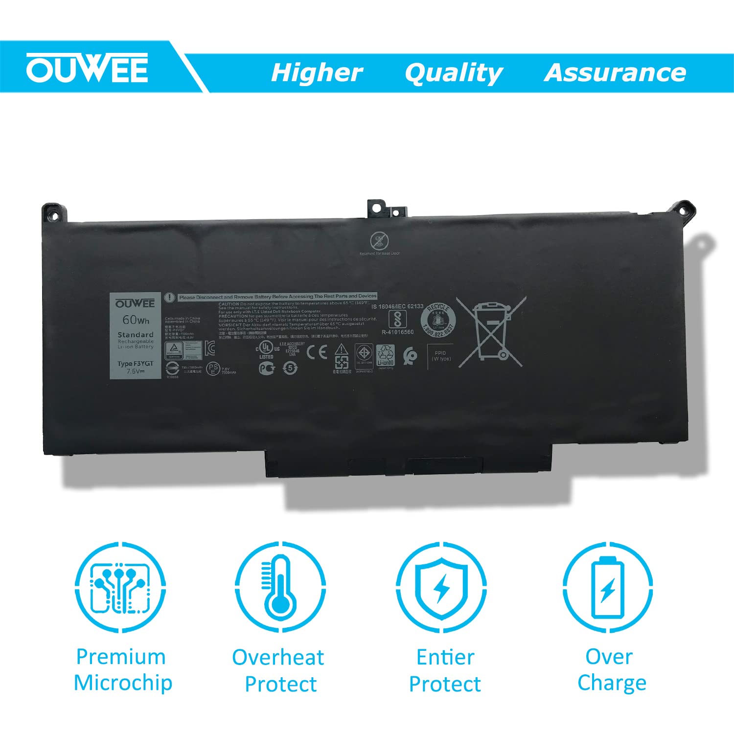 OUWEE F3YGT Laptop Battery Compatible with Dell Latitude 12 7000 7280 7290 13 7380 7390 14 7480 7490 E7280 E7480 E7290 E7380 E7390 E7490 Series DM3WC 0DM3WC 2X39G 7.6V 60Wh 7500mAh