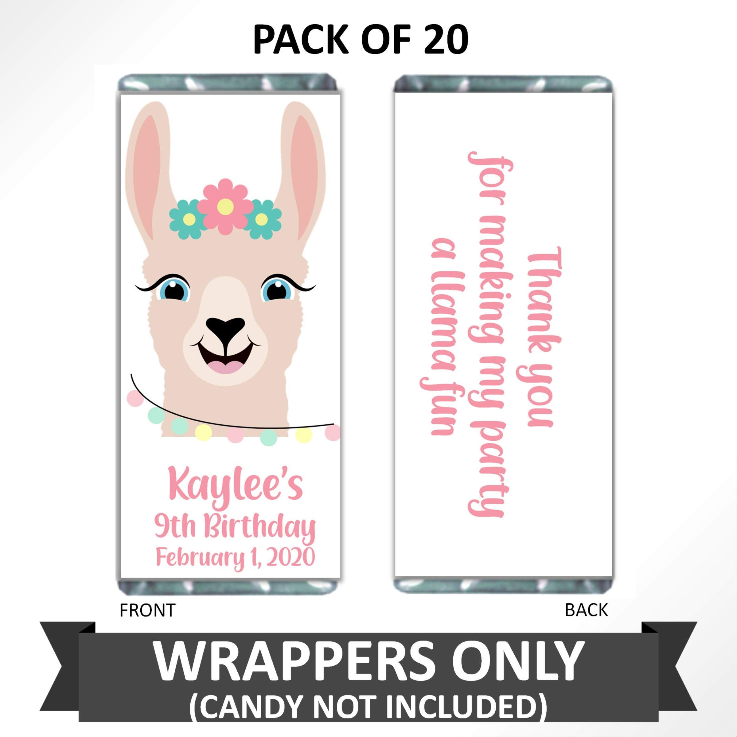 Llama Personalized Candy Wrappers, Kids Birthday Party Favors, Pack of 20 Custom Chocolate Bar Labels