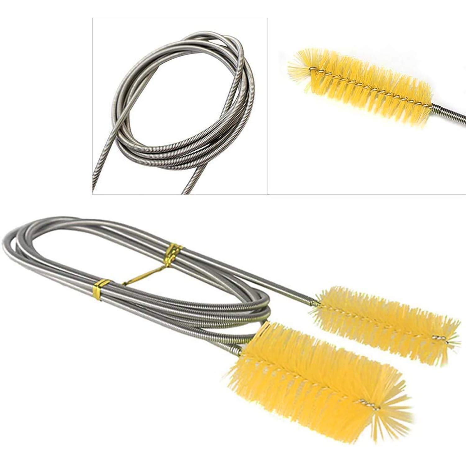 Flexible Drain Brush,Nylon Cleaner Double Ended Elastic Hose Pipe 67-inch and 2 PCS 8.2-inch Straw Cleaning Brush (Yellow)