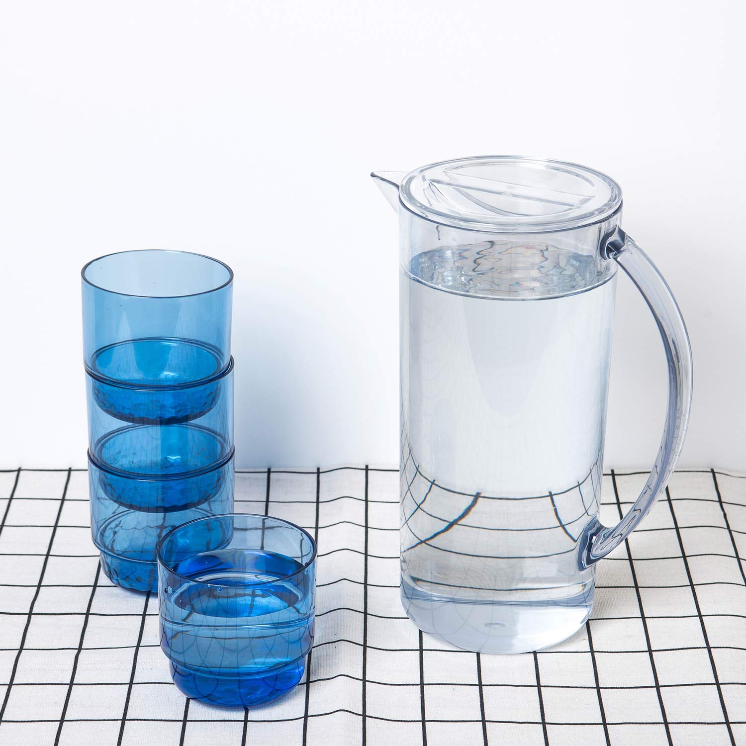 Unbreakable Stackable Plastic 3 QT Clear Pitcher and 4 Blue Tumbler Glasses Drinkware Set (Perfect for Iced Tea, Sangria, Lemonade) Dishwasher safe - top rack only