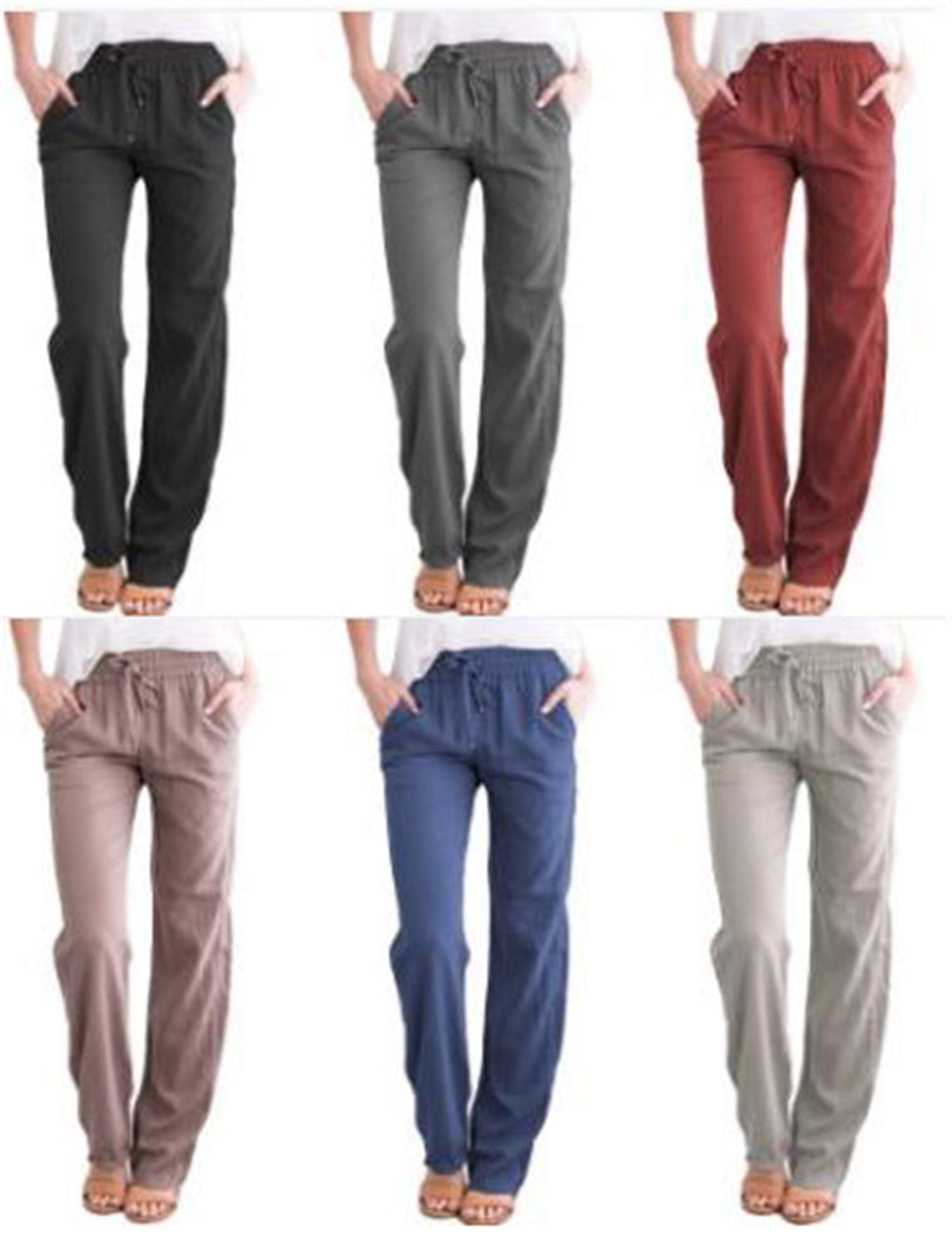 Womens Palazzo Linen Pants Wide Leg High Waisted Drawstring Casual Long Trousers Comfy Elastic Waistband Pants (Wine Red,Large)
