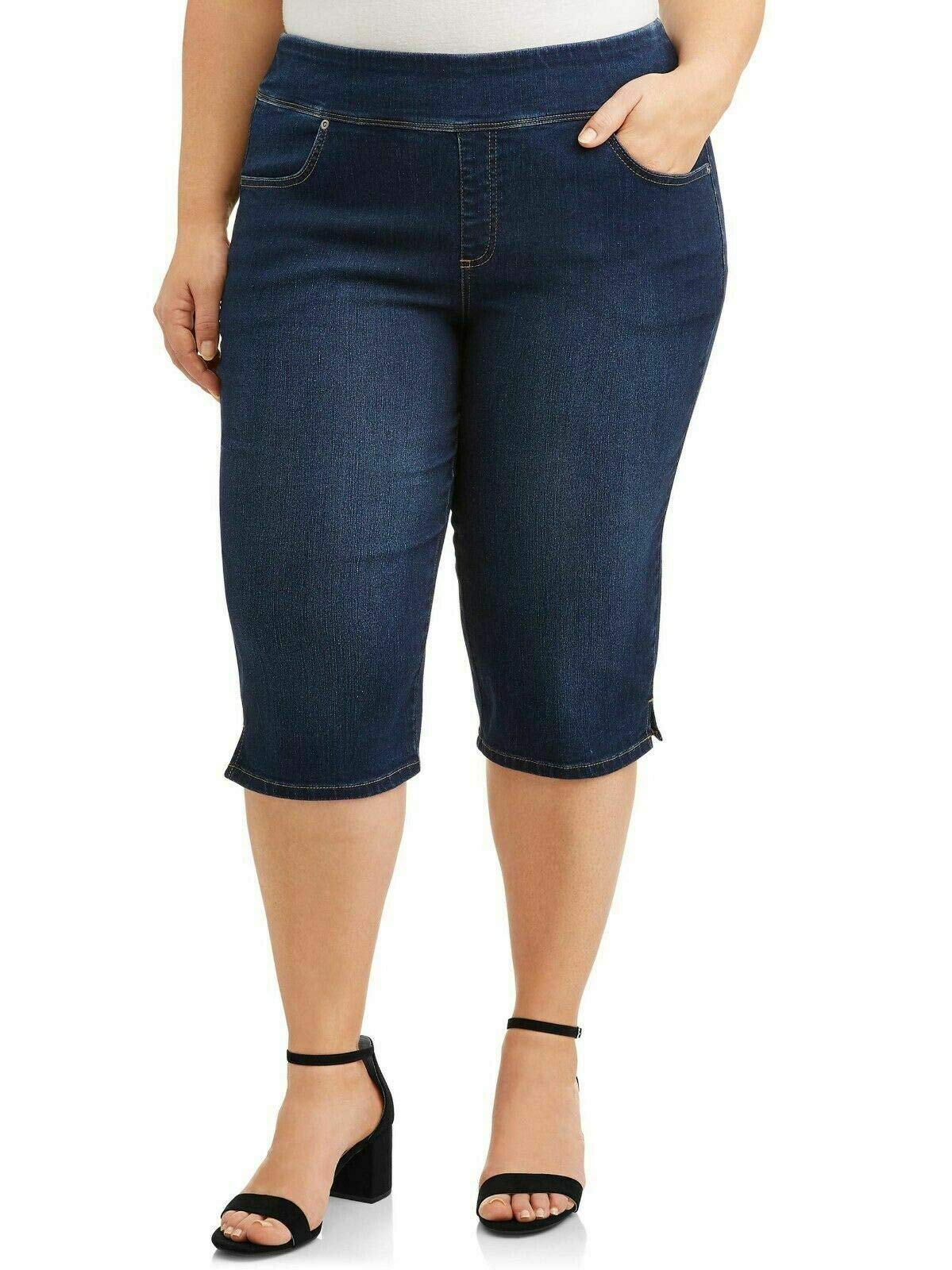 1826 Jeans Jack David Women's Plus Size Cuff Rolled Capri Bermuda Short Curvy Denim Jean (1X, Level Eight Pull On Dark Blue Capri)