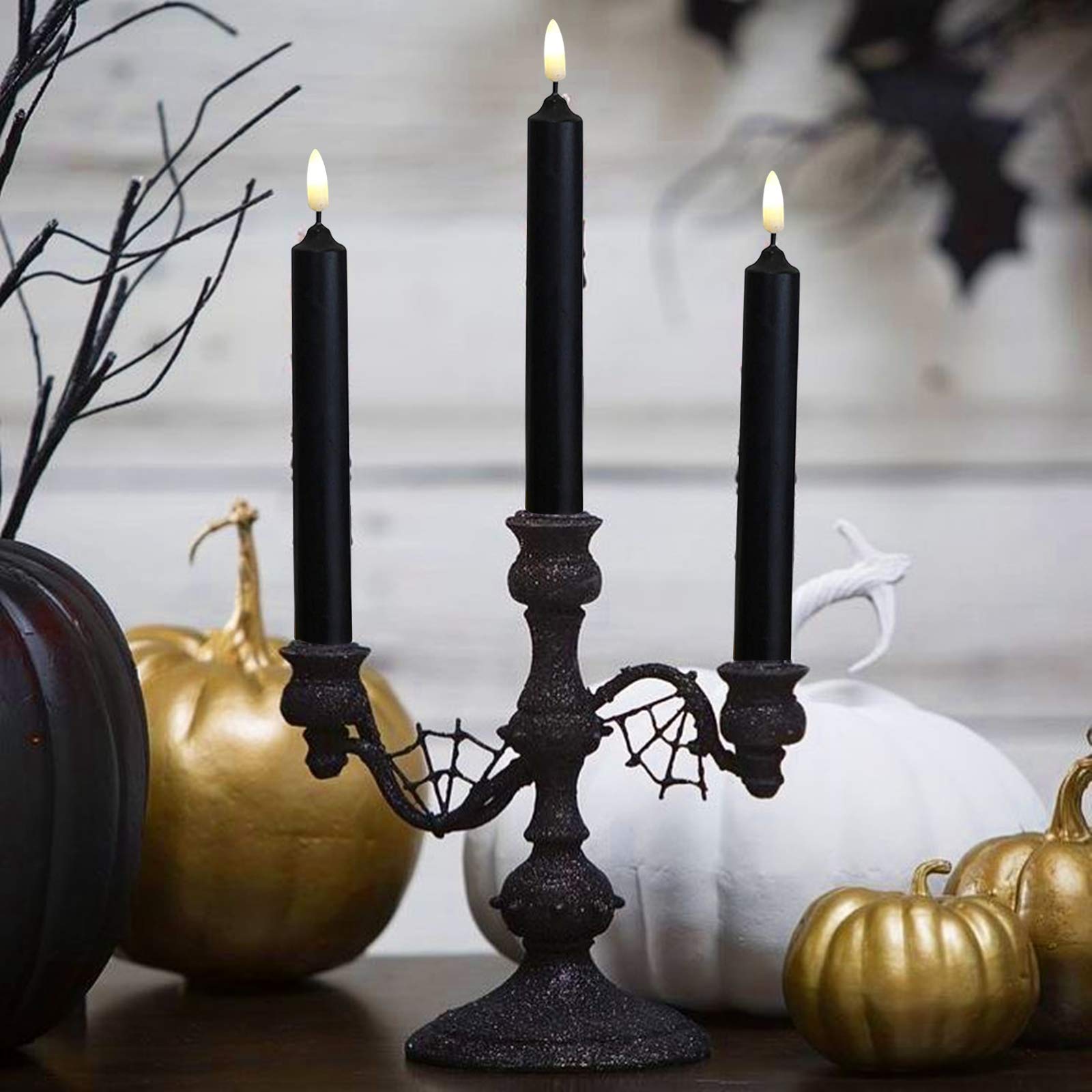 NONNO & ZGF 6PACK Real Wax Black Flameless 8'' Battery Powered Windows Candles with Remote and Timer & Candlestick. Removable Black Candleholders, Patented