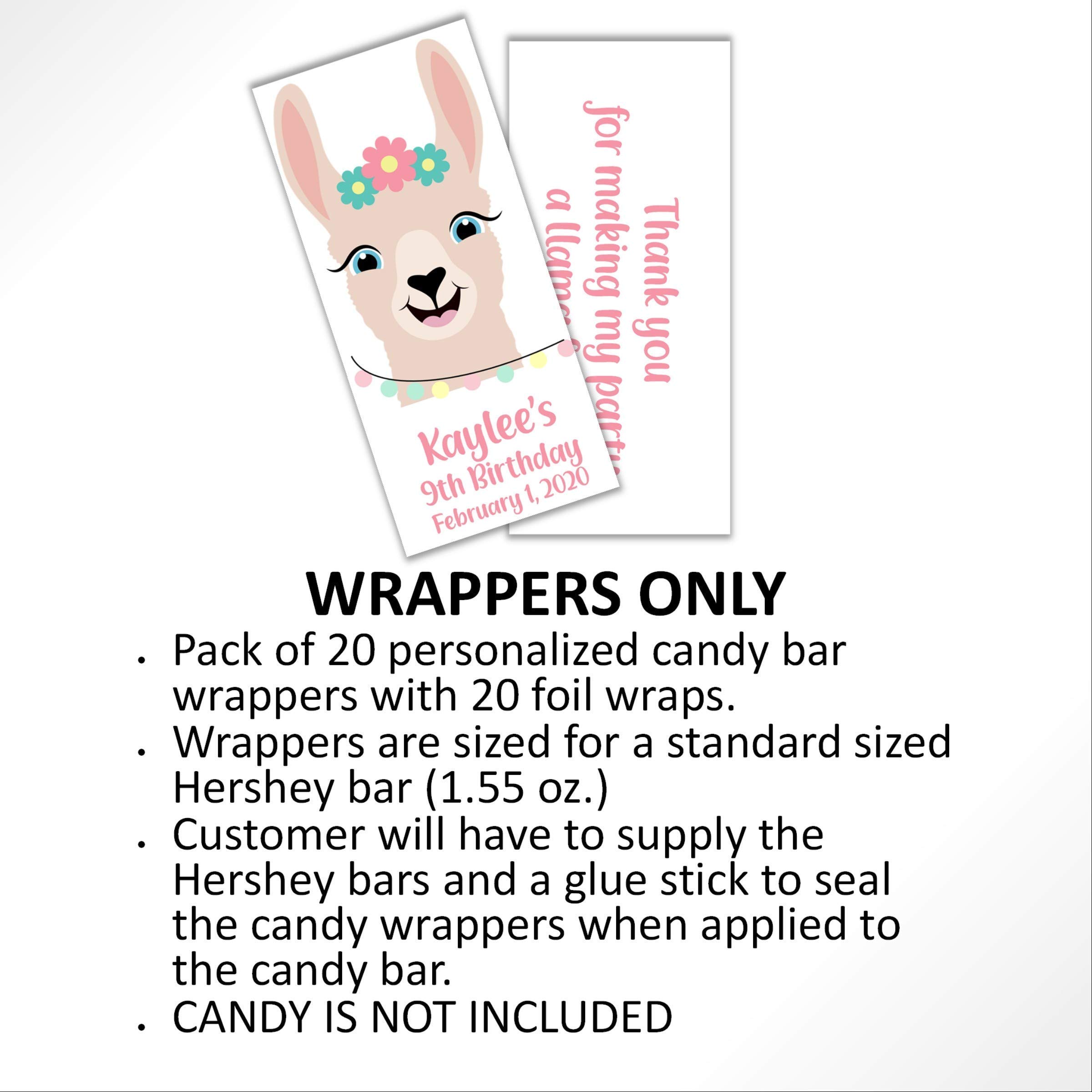 Llama Personalized Candy Wrappers, Kids Birthday Party Favors, Pack of 20 Custom Chocolate Bar Labels