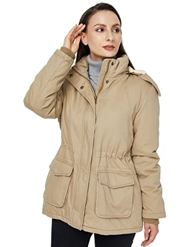 WenVen Women's Warm Heavy Quilted Winter Sherpa Coat with Hood (Khaki-2, XL)