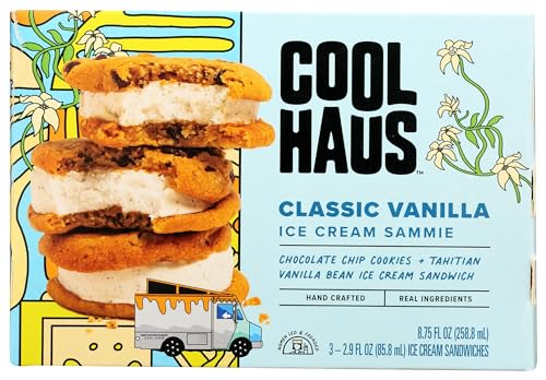 Coolhaus Classic Vanilla Ice Cream Sandwiches, 2.9 Ounce (Pack of 3), Chocolate Chip Cookies and Tahitian Vanilla Bean Ice Cream (Frozen)