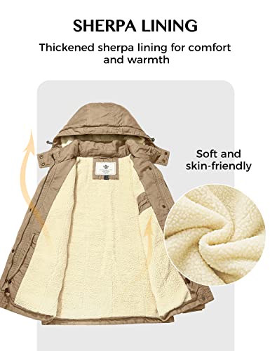 WenVen Women's Warm Heavy Quilted Winter Sherpa Coat with Hood (Khaki-2, XL)