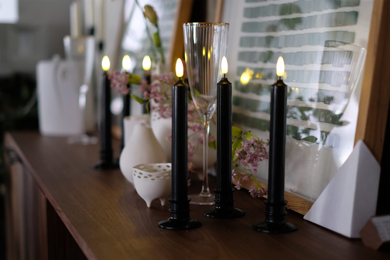 NONNO & ZGF 6PACK Real Wax Black Flameless 8'' Battery Powered Windows Candles with Remote and Timer & Candlestick. Removable Black Candleholders, Patented