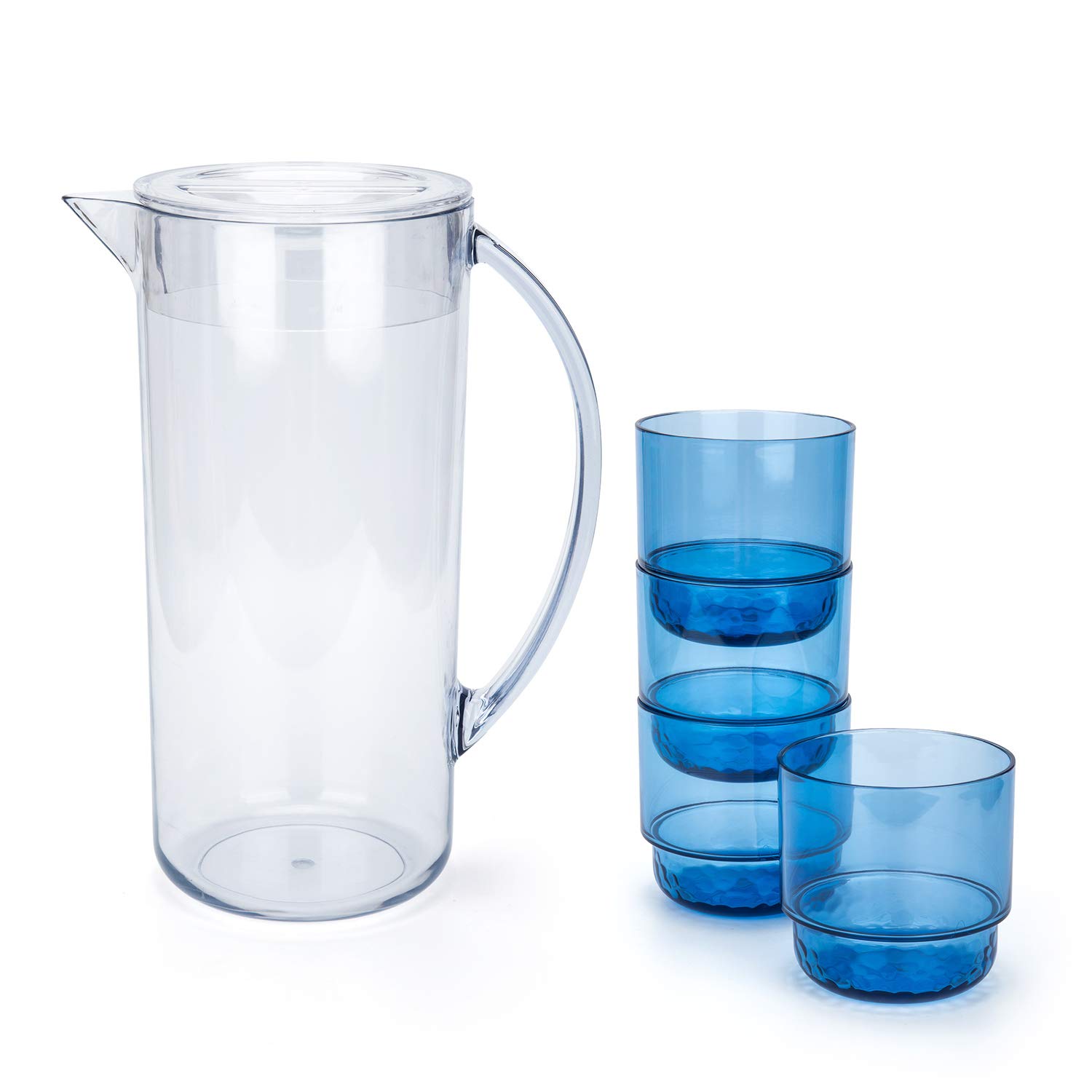 Unbreakable Stackable Plastic 3 QT Clear Pitcher and 4 Blue Tumbler Glasses Drinkware Set (Perfect for Iced Tea, Sangria, Lemonade) Dishwasher safe - top rack only