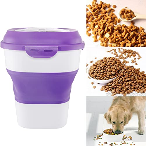SUT Foldable Food Storage Container with Measuring Cup, Lid&Wheels, 15 Lbs Dog Cat Pet Food Storage Container, 30 Lbs Airtight Cereal Flour Rice Storage Container, Leakproof Sealable Dry Holder,Purple