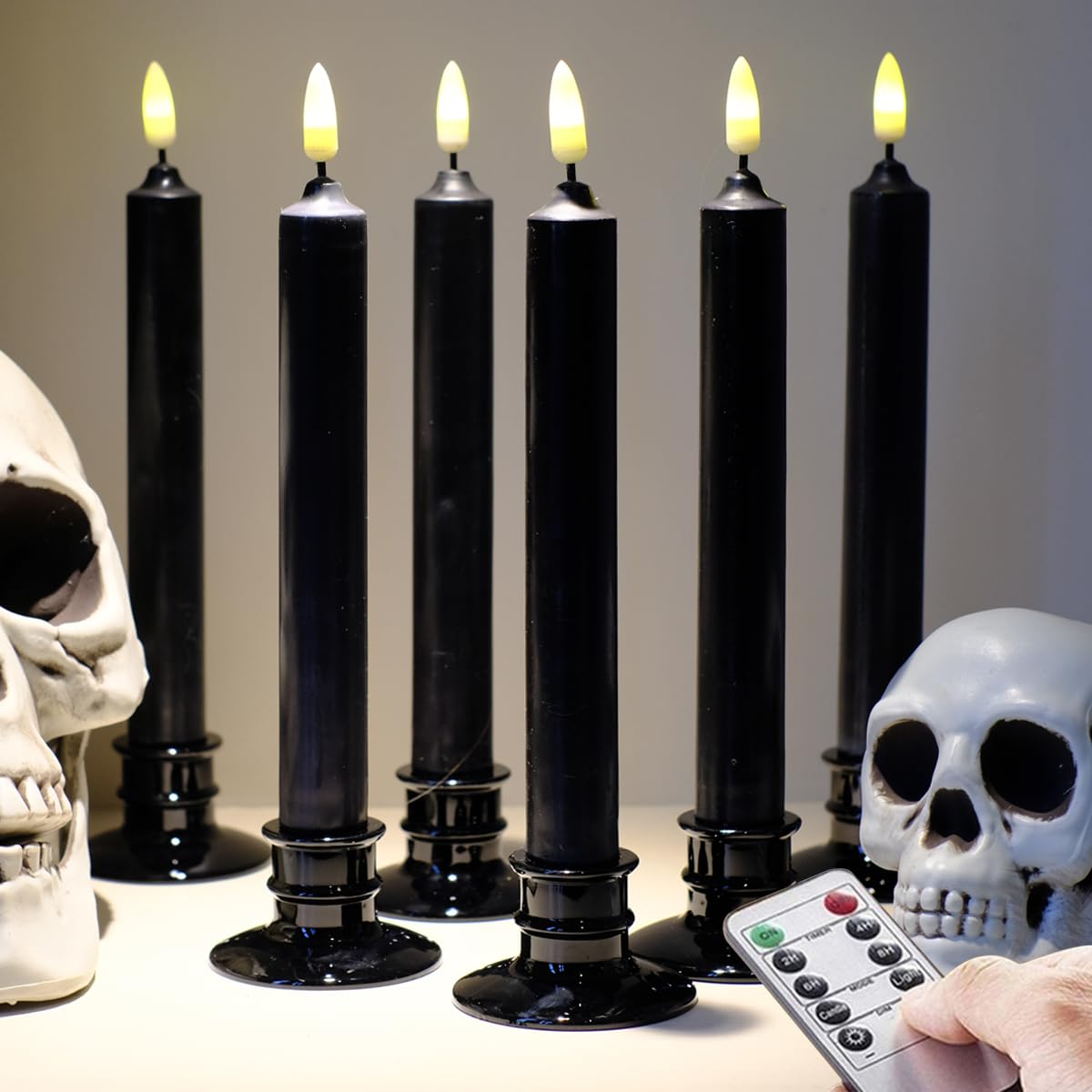 NONNO & ZGF 6PACK Real Wax Black Flameless 8'' Battery Powered Windows Candles with Remote and Timer & Candlestick. Removable Black Candleholders, Patented