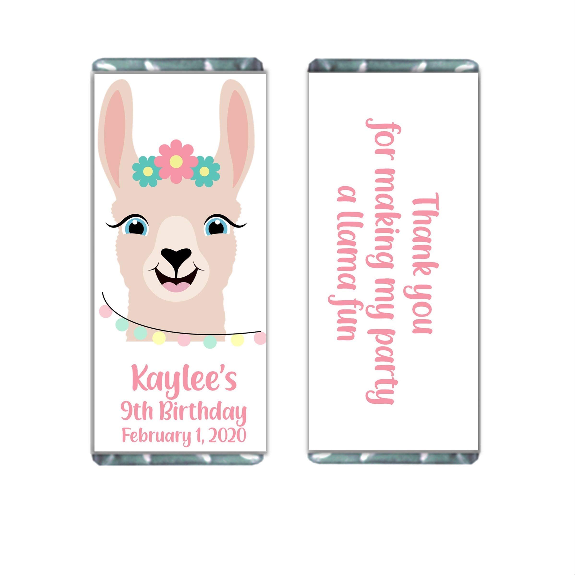 Llama Personalized Candy Wrappers, Kids Birthday Party Favors, Pack of 20 Custom Chocolate Bar Labels