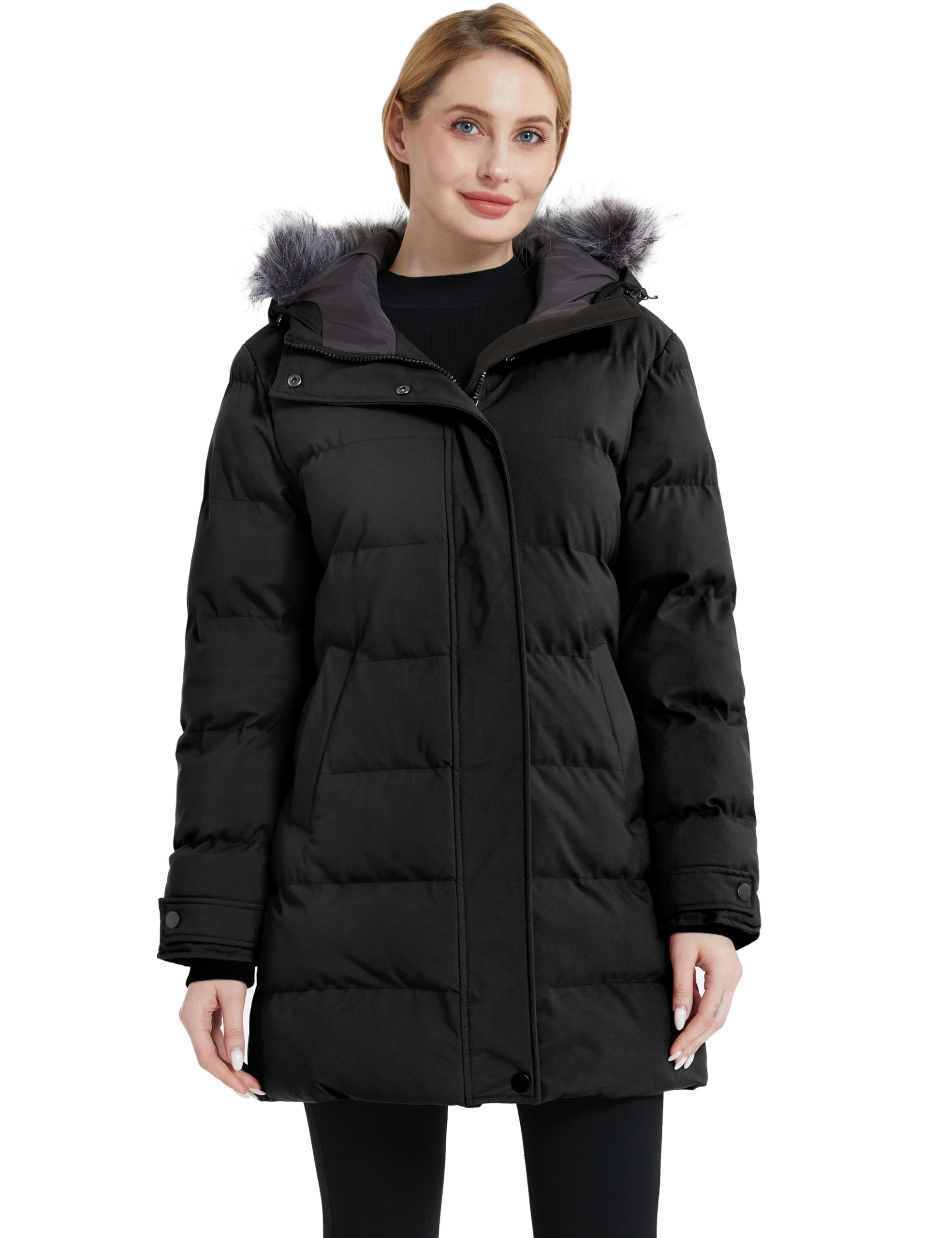 wantdo Women's Fur Hooded Winter Coat Warm Thicken Puffer Coat Black XL