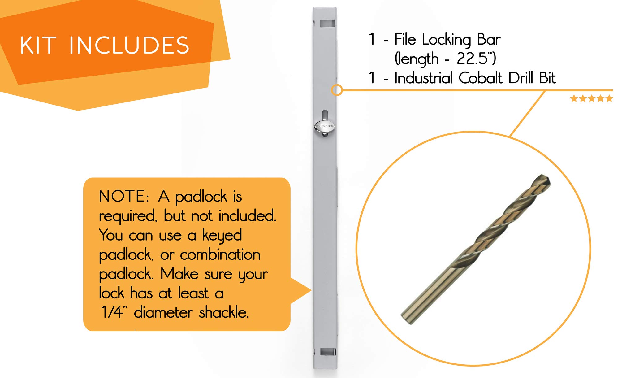 Guardianite File Cabinet Locking Bar. Fits 2 Drawer File Cabinets. Includes Cobalt Drill Bit. (Gray)
