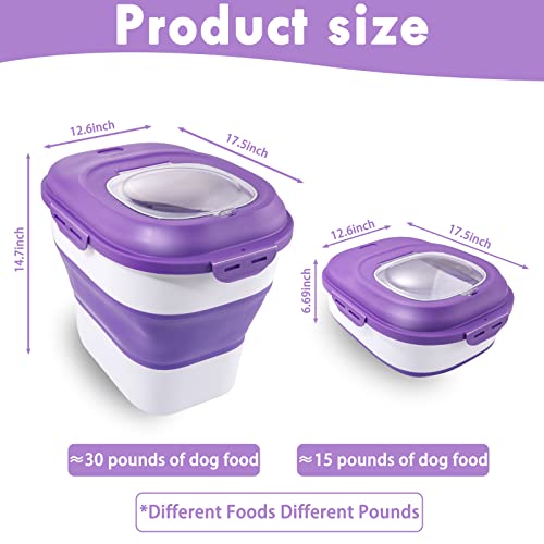 SUT Foldable Food Storage Container with Measuring Cup, Lid&Wheels, 15 Lbs Dog Cat Pet Food Storage Container, 30 Lbs Airtight Cereal Flour Rice Storage Container, Leakproof Sealable Dry Holder,Purple