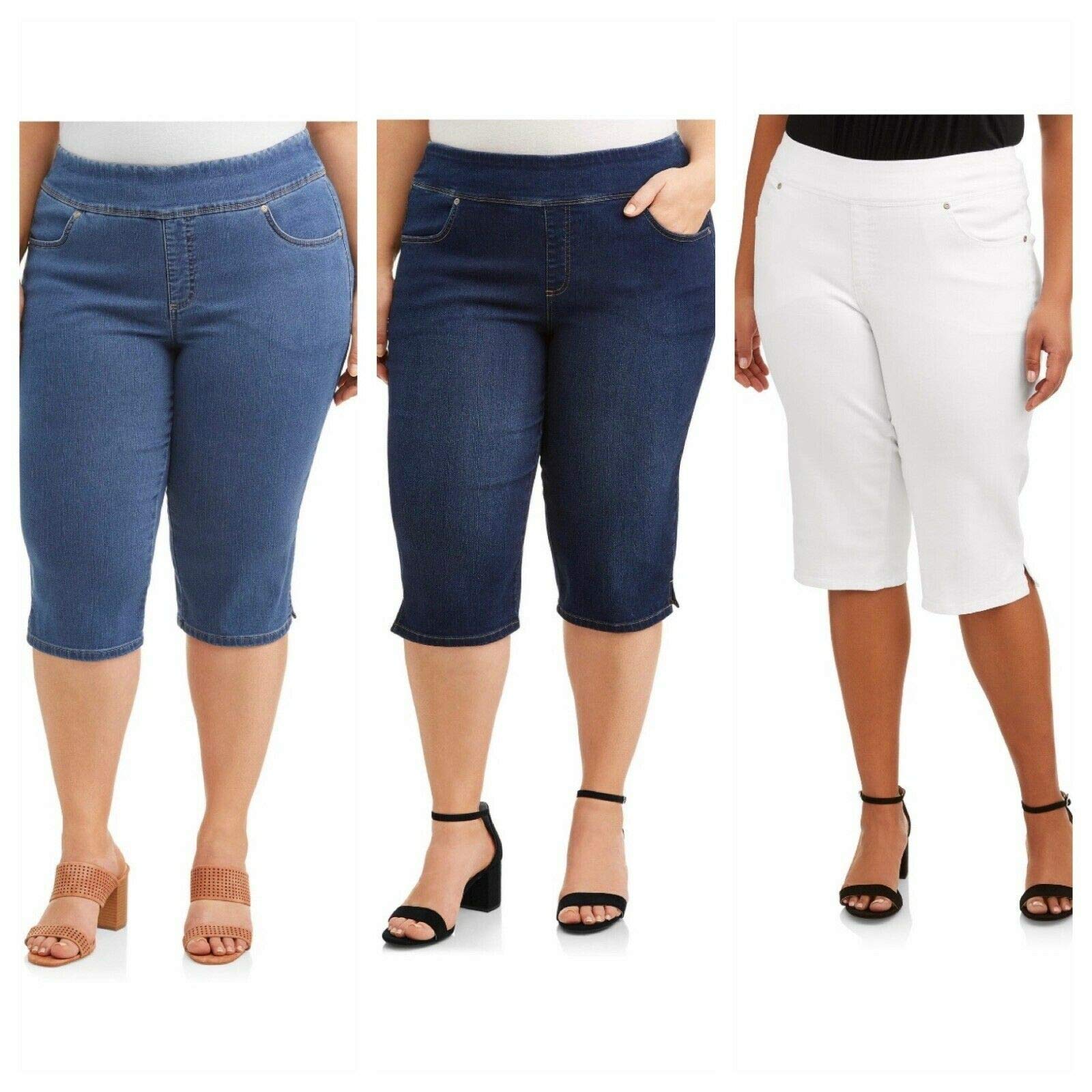 1826 Jeans Jack David Women's Plus Size Cuff Rolled Capri Bermuda Short Curvy Denim Jean (1X, Level Eight Pull On Dark Blue Capri)