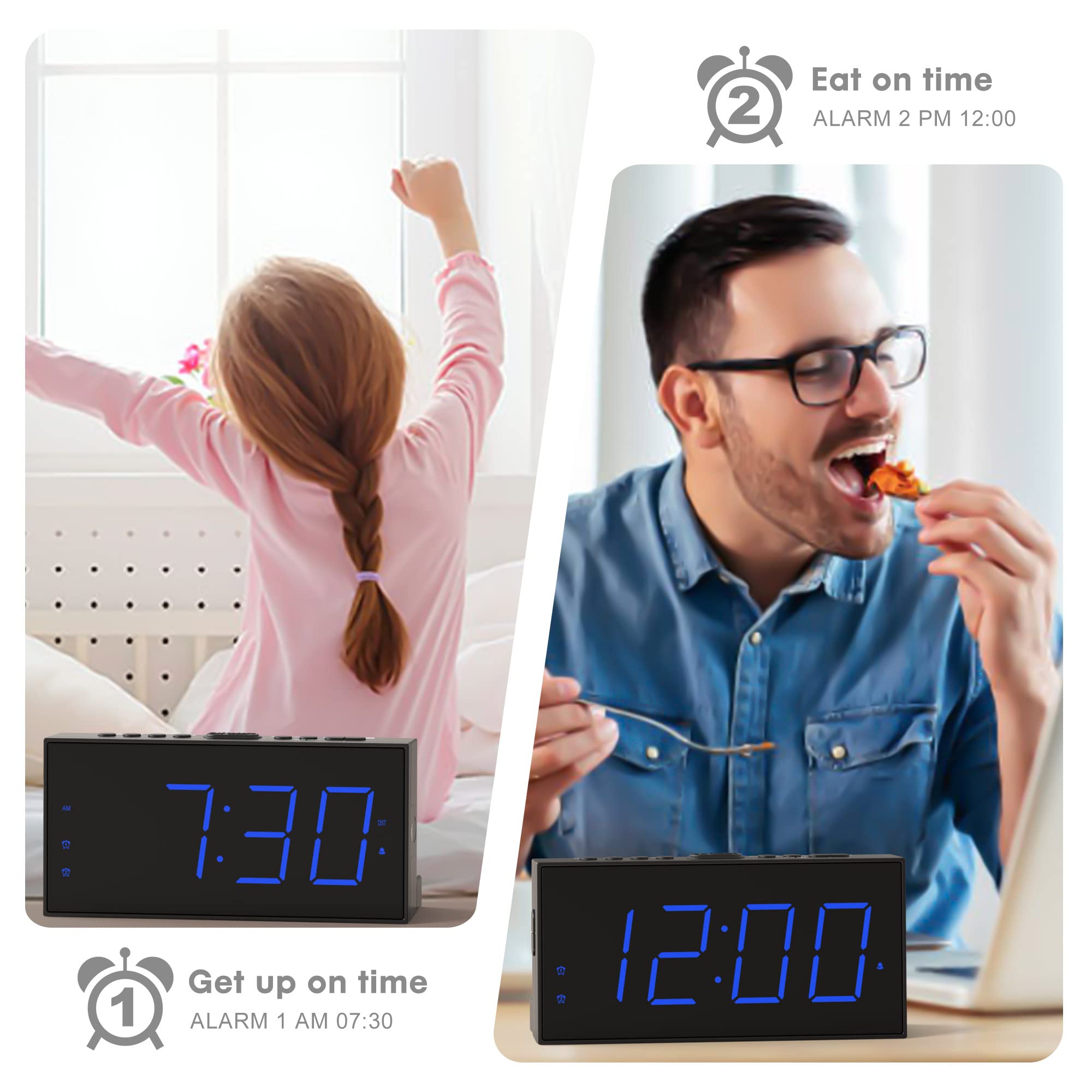Digital Alarm Clock for Bedroom, Loud Digital Clock with Dual Alarms, 7.5" Dimmable Large Display, USB Charger,Battery Backup,12/24/DST, Electric Table Clock for Kid Heavy Sleeper Teen Boy Girl Senior