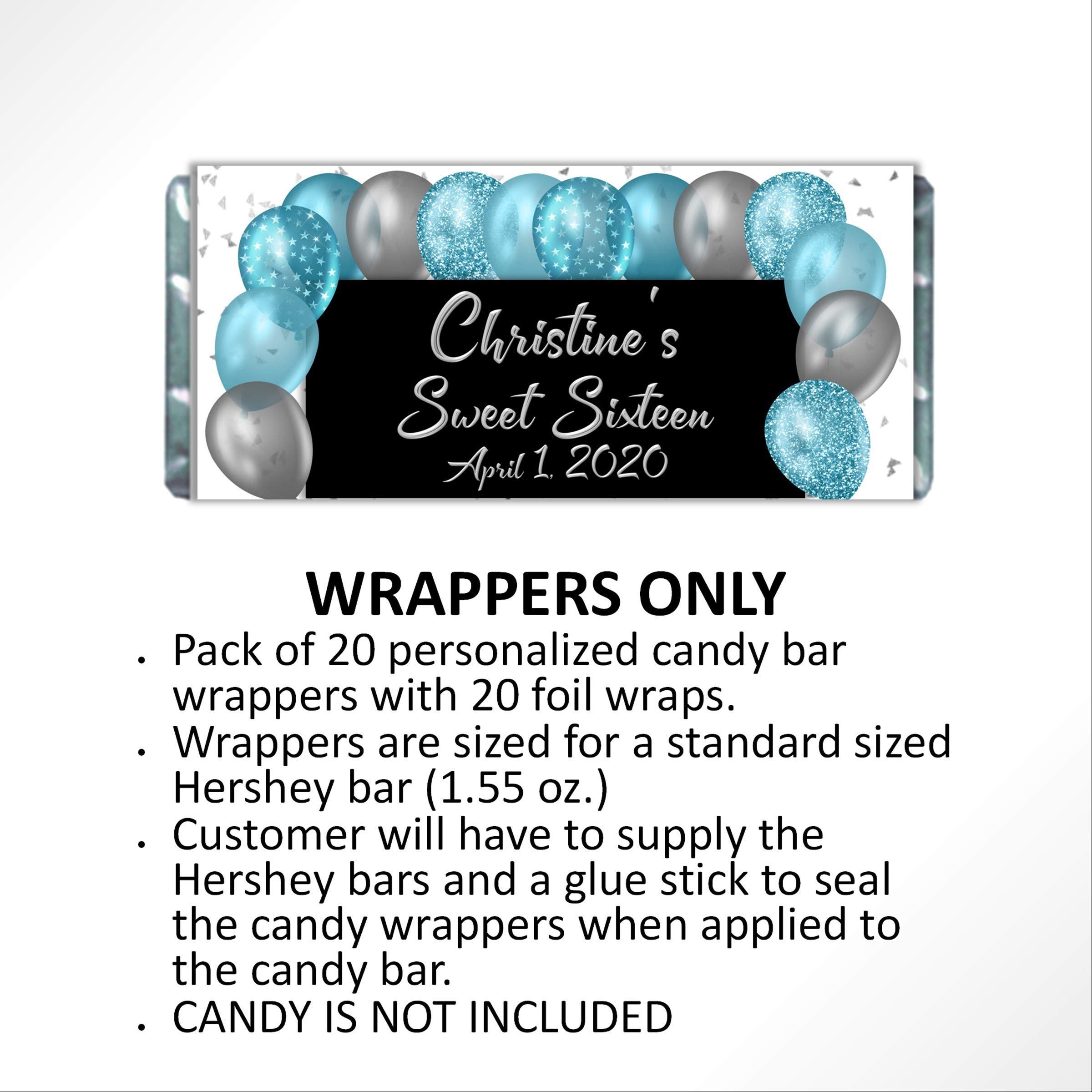 Personalized Candy Bar Wrappers, Balloon Design, Modern Birthday Party Favors, Chocolate Bar Labels for Baby Shower, Bridal Shower, Pack of 20 (Aqua)
