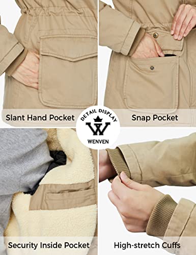 WenVen Women's Warm Heavy Quilted Winter Sherpa Coat with Hood (Khaki-2, XL)