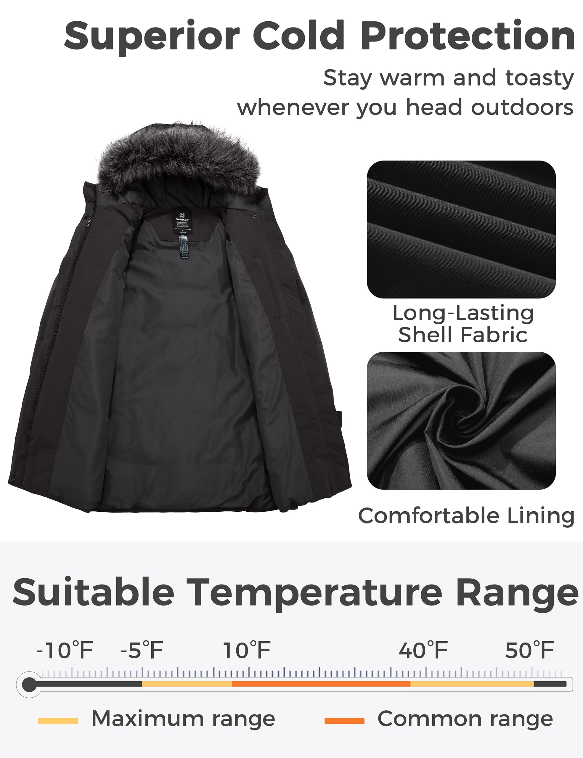 wantdo Women's Fur Hooded Winter Coat Warm Thicken Puffer Coat Black XL