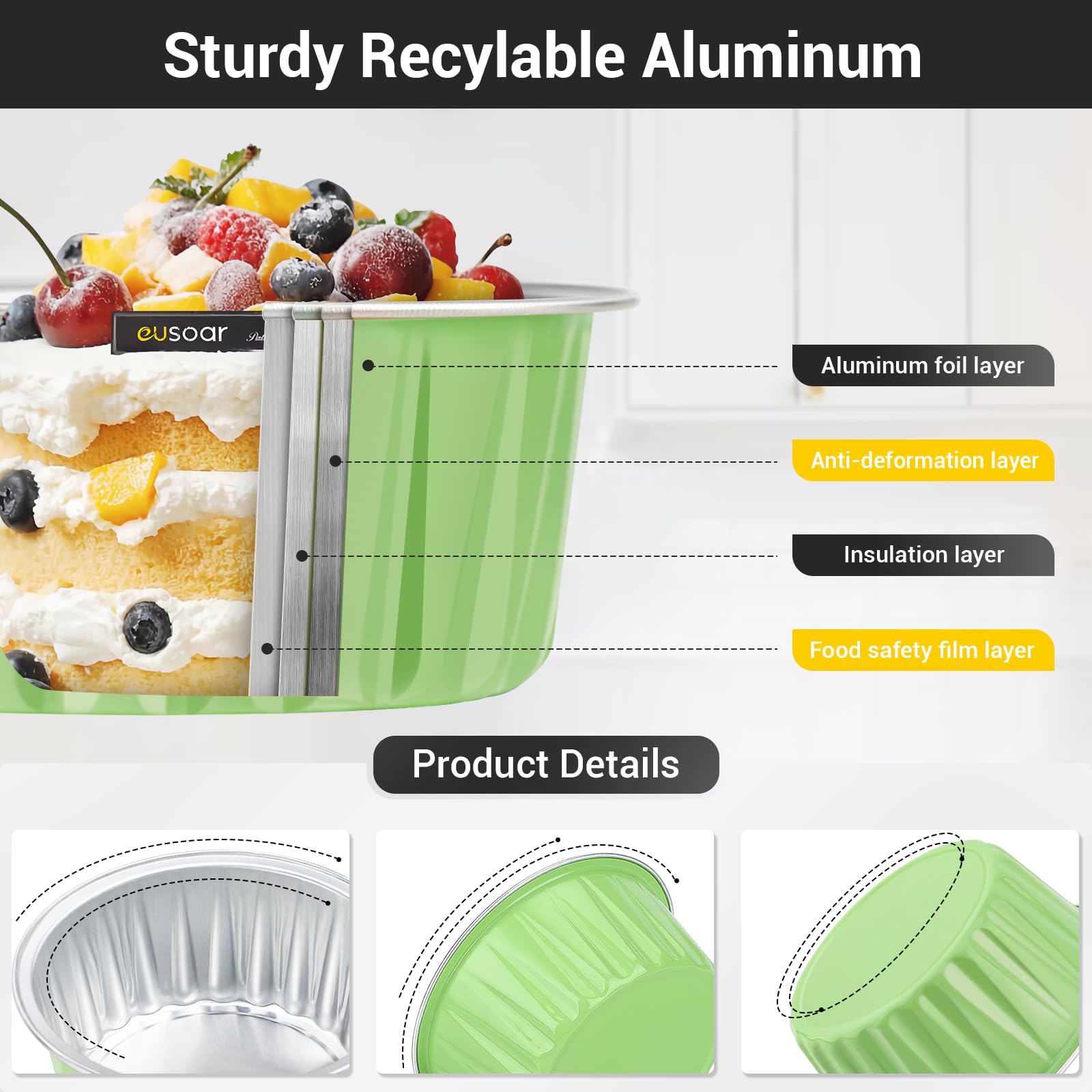 EUSOAR Muffin Liners, 50pcs 5oz 125ml Disposable Cupcake Cups, Aluminum Foil Muffin Liners Cups with Lids, Cupcake Holder, Disposable Aluminum Foil Cupcake Baking Cups Holders Ramekins Pans with Lids