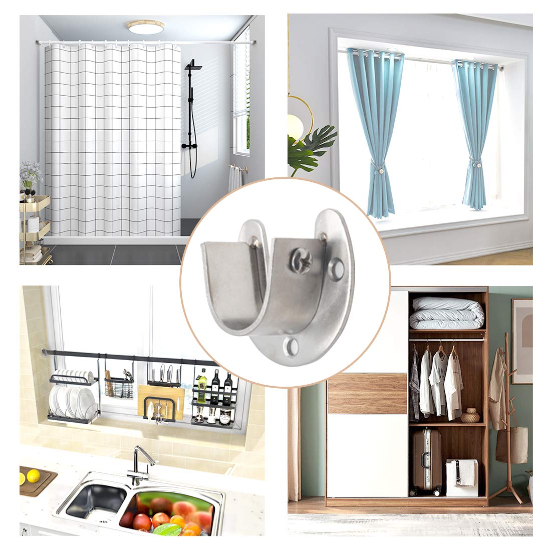 Seimneire 2pcs Heavy Duty Stainless Steel Rod Socket, Wardrobe Bracket Flange Rod Holder Closet Rod End Supports Fit 1" Diameter, U Shaped - Silver