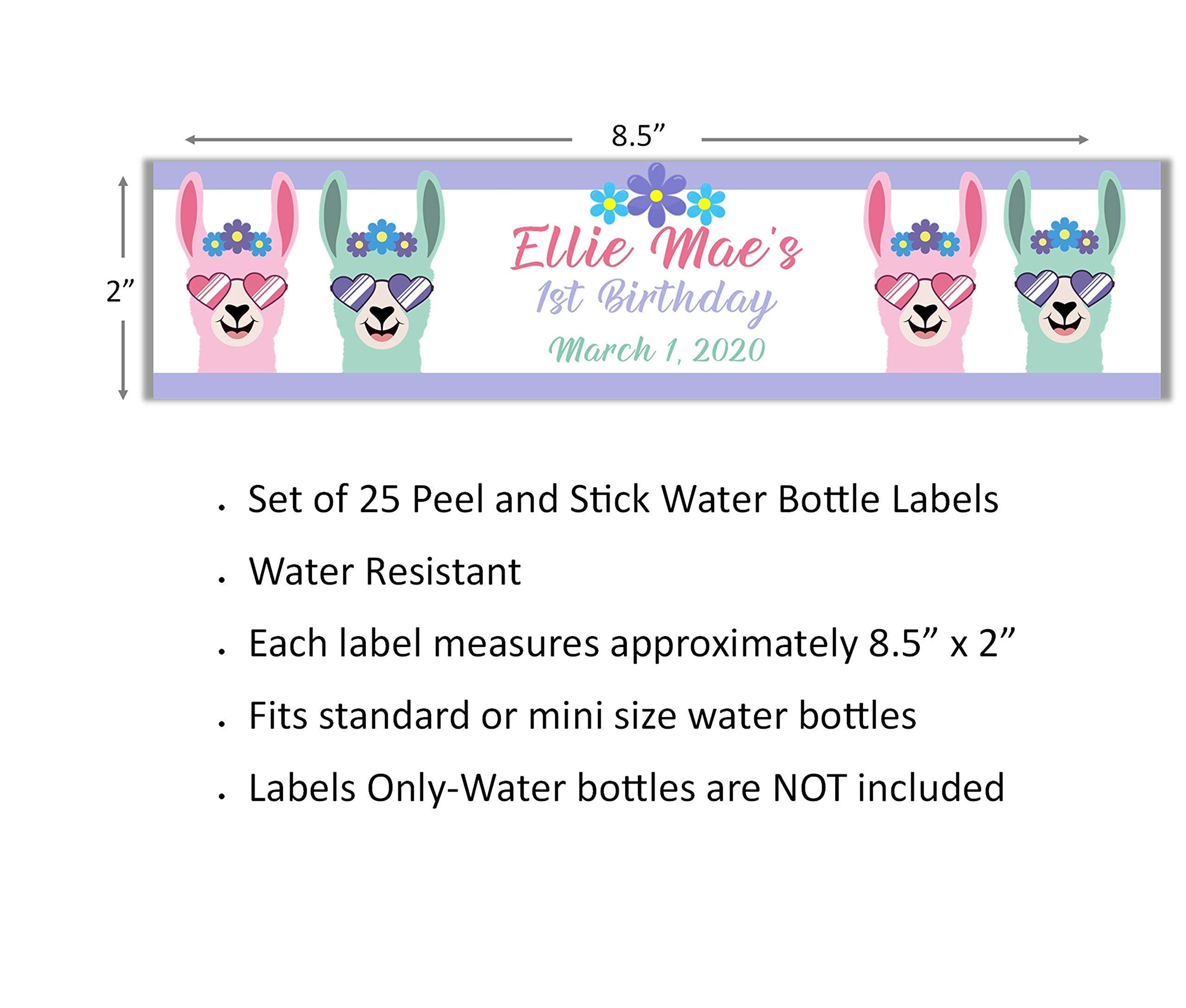 Llama Water Bottle Labels, Personalized Party Favors for Girls, Pack of 25 Peel and Stick Waterproof Wrappers