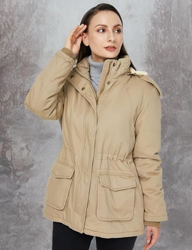 WenVen Women's Warm Heavy Quilted Winter Sherpa Coat with Hood (Khaki-2, XL)