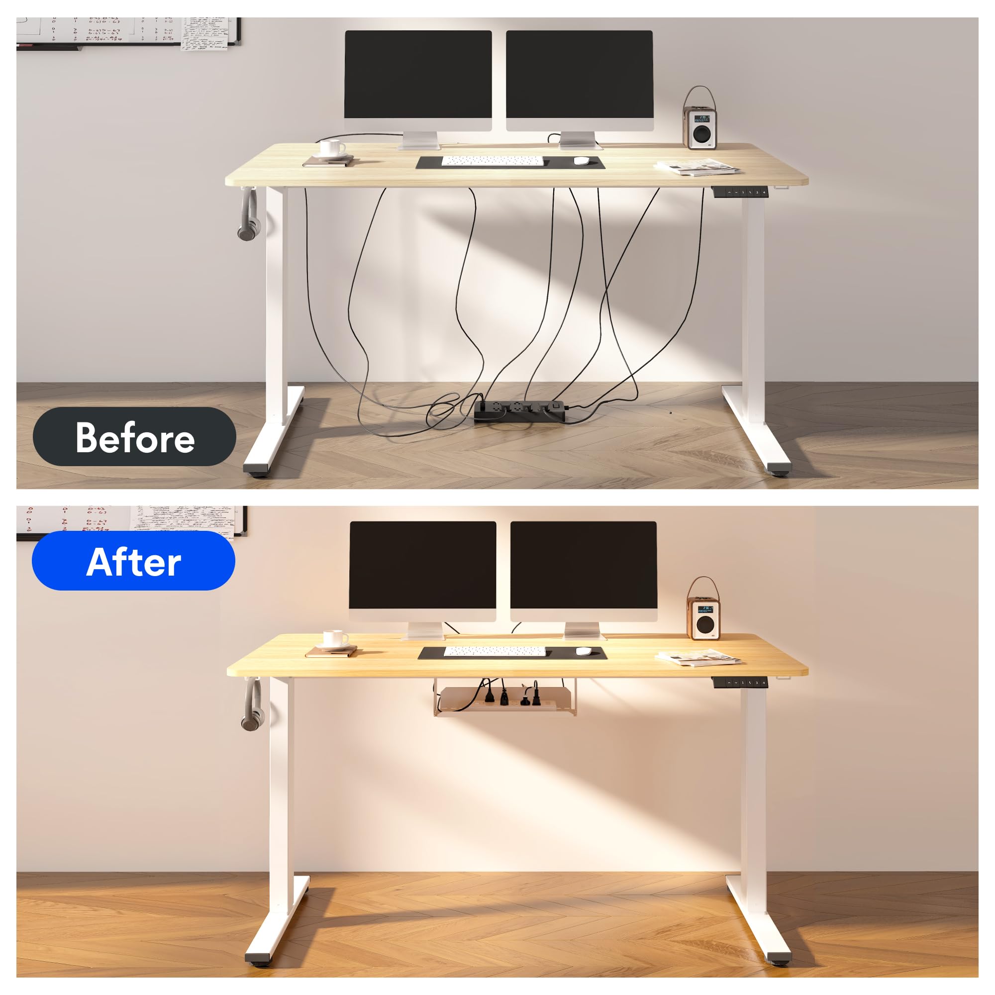 FLEXISPOT EN2 Whole-Piece Standing Desk with Clamp Power Strip, 48 x 24 Electric Stand Up Height Adjustable Desk with Cable Management (White Frame + 48" Maple Top)