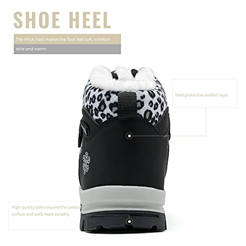 ASHION Women's Snow Boots Waterproof Snowboots Non Slip Durable Warm Winter Booties Hook and Loop Outdoor Shoes Leopard Black Size 10