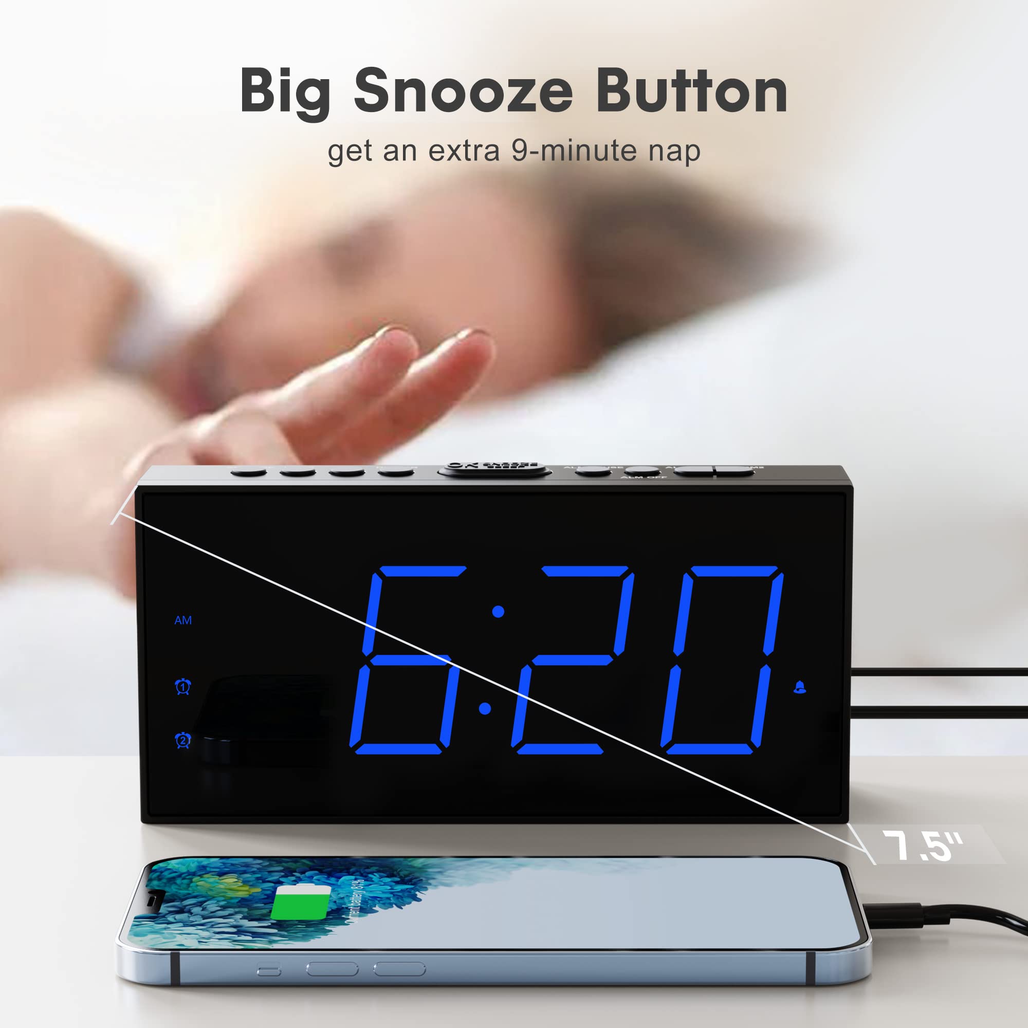 Digital Alarm Clock for Bedroom, Loud Digital Clock with Dual Alarms, 7.5" Dimmable Large Display, USB Charger,Battery Backup,12/24/DST, Electric Table Clock for Kid Heavy Sleeper Teen Boy Girl Senior