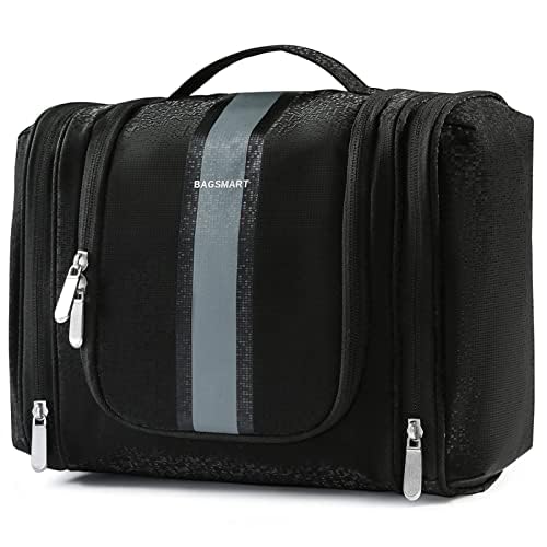 BAGSMART Toiletry Bag for Men, Travel Toiletry Organizer with hanging hook, Water-resistant Cosmetic Makeup Bag Travel Organizer for Shampoo, Full-size Container, Toiletries, Black-Medium