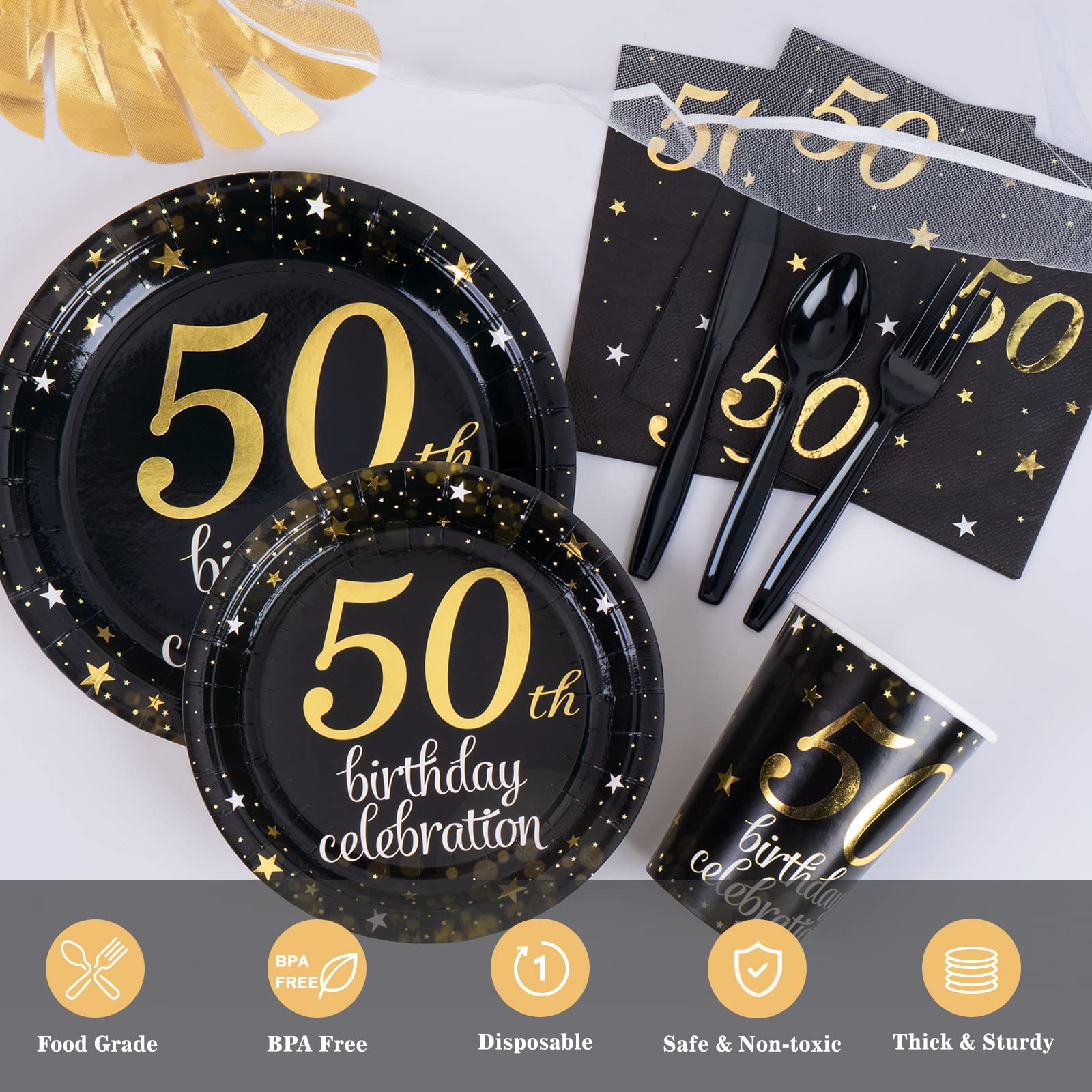 DECORLIFE 192PCS 50th Birthday Plates and Napkins for Men Women, 50th Birthday Decorations, 12oz Cups, 48 Napkins Included for 24 Guests Back in 1974 Party Favors