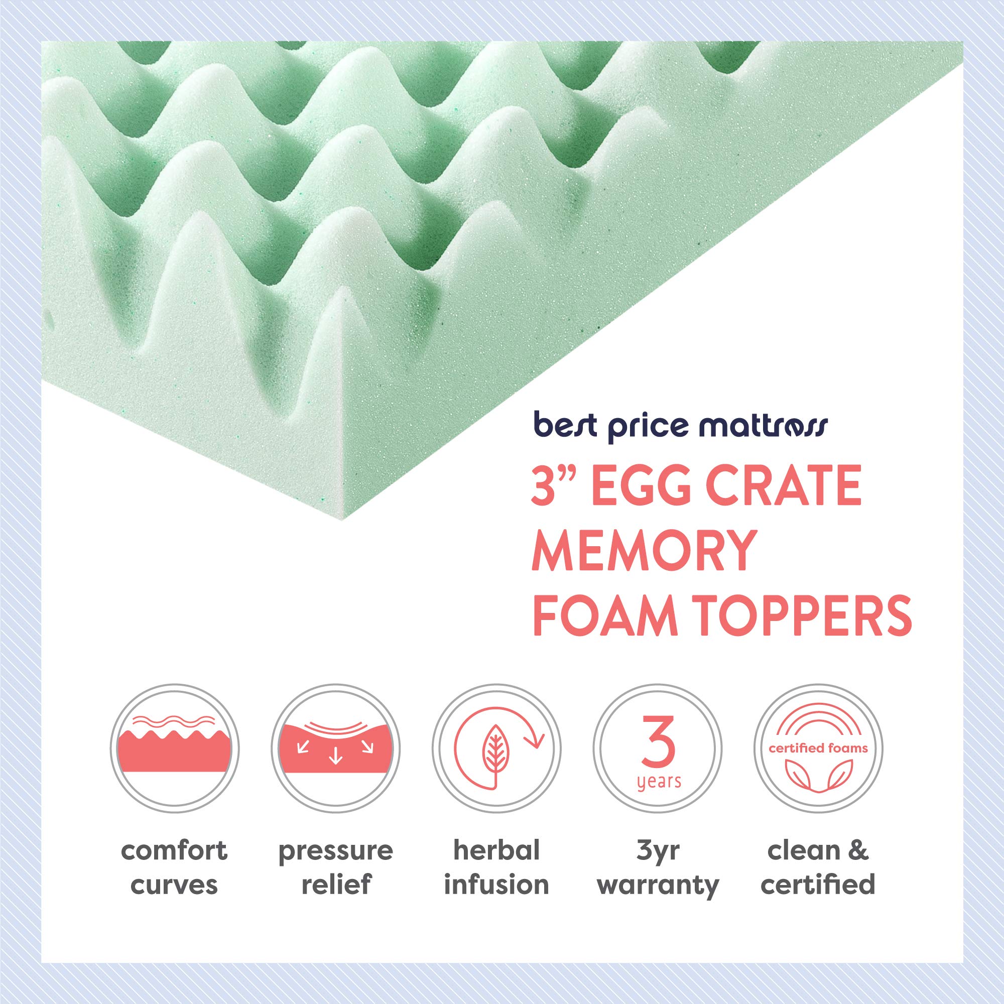 Best Price Mattress 3 Inch Egg Crate Memory Foam Mattress Topper with Calming Aloe Infusion, CertiPUR-US Certified, Short Queen