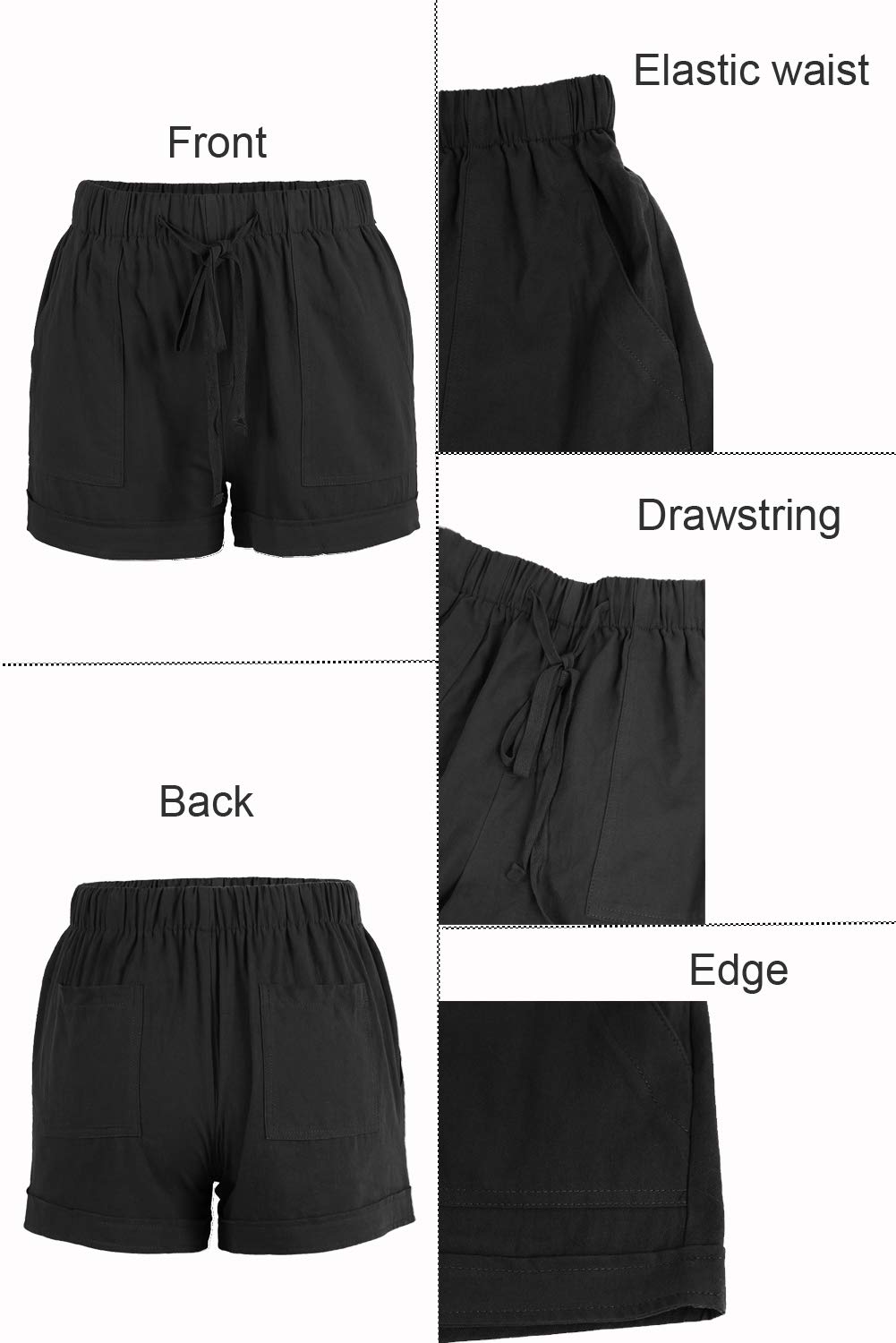 Mosucoirl Women Comfy Drawstring Casual Elastic Waist Pure Color Shorts Summer Beach Lightweight Short Pants with Pockets(A Black,X-Large)