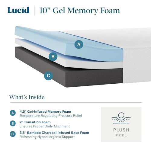 LUCID 10 Inch Memory Foam Mattress - Plush Feel - Infused with Bamboo Charcoal and Gel - Bed in a Box - Temperature Regulating - Pressure Relief - Breathable - Full Size
