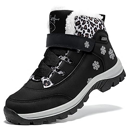 ASHION Women's Snow Boots Waterproof Snowboots Non Slip Durable Warm Winter Booties Hook and Loop Outdoor Shoes Leopard Black Size 10