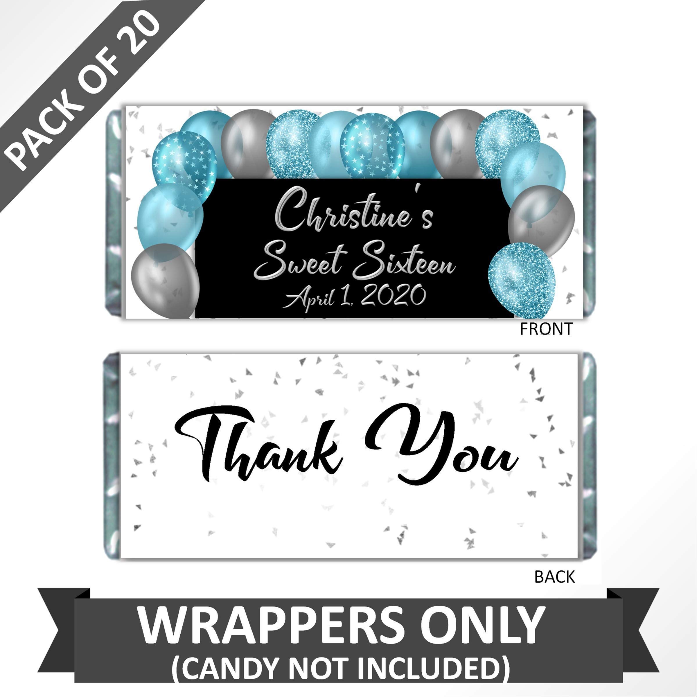 Personalized Candy Bar Wrappers, Balloon Design, Modern Birthday Party Favors, Chocolate Bar Labels for Baby Shower, Bridal Shower, Pack of 20 (Aqua)