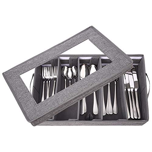 Silverware Storage Box Chest, Flatware Storage Case, Utensil Holder with Removable Lid and Adjustable Dividers for Organizing Utensils, Cutlery, Flatware, Knives, Large Capacity Gray